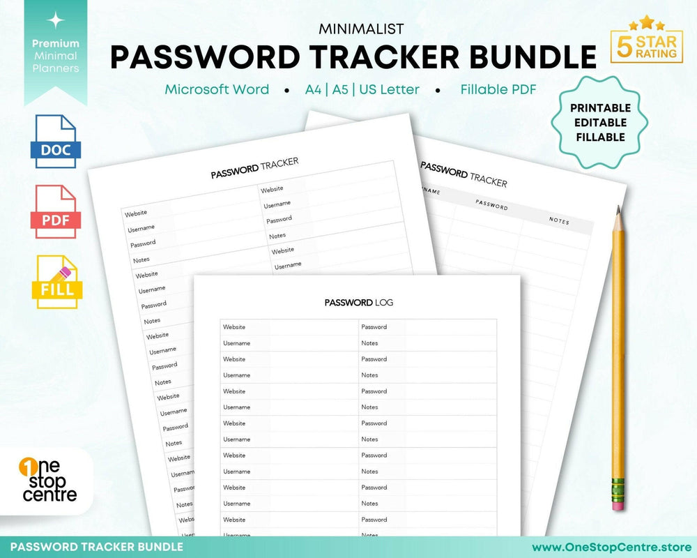 Password Tracker Templates – 3 Versions, Fillable & Editable